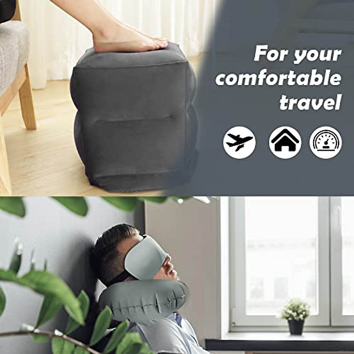 Inflatable Foot Rest Pillow for Travel Adjustable Three Layers for Adults Kids to Sleep While Traveling Suitable for Office Home with Pump Neck Pillow Eye Mask Earplugs and Portable Drawstring Bag