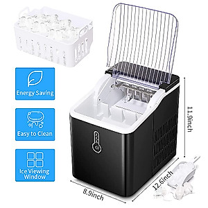 Kismile Ice Maker, Compact Ice Machine, 9 Bullet Ice Cubes Ready in 8 Mins, 26lbs in 24Hrs, Countertop Ice Maker with Ice Scoop & Basket for Home Bar, Office, Kitchen