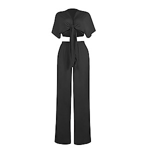 VLUNT Women's Sexy 2 Piece Outfits V-Neck Crop Top and Wide Leg Long Pants Jumpsuits Set,Black-S