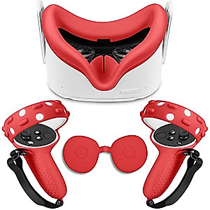 FINPAC Protective Cover Sleeve for Quest 2 Gaming VR Headset, Silicone Sweatproof Face Cover + Lens Cap + Touch Controller Grip Cover Bundle for Virtual Reality Accessories (Red)