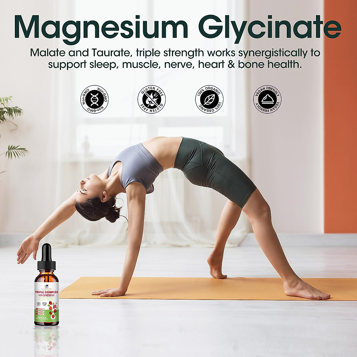 Liquid Magnesium Glycinate 500mg - Triple Complex Magnesium with Glycinate,Malate,Taurate,Chelated Magnesium for Sleep,Cramps,Cardiovascular,Blood Pressure SupportF