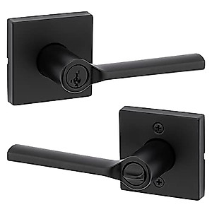 Kwikset Lisbon Keyed Entry Lever with Square Rose Featuring SmartKey Security in Matte Black