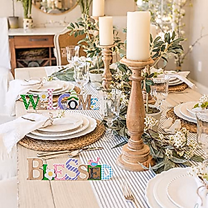hogardeck Spring Decorations for Home, 2 Pcs WELCOME BLESSED Wood Sign Spring Decor, Rustic Gnome Flower Bird Wooden Block Set Table Centerpiece Farmhouse Ornaments for Mantle Tabletop Tiered Tray Home Decor