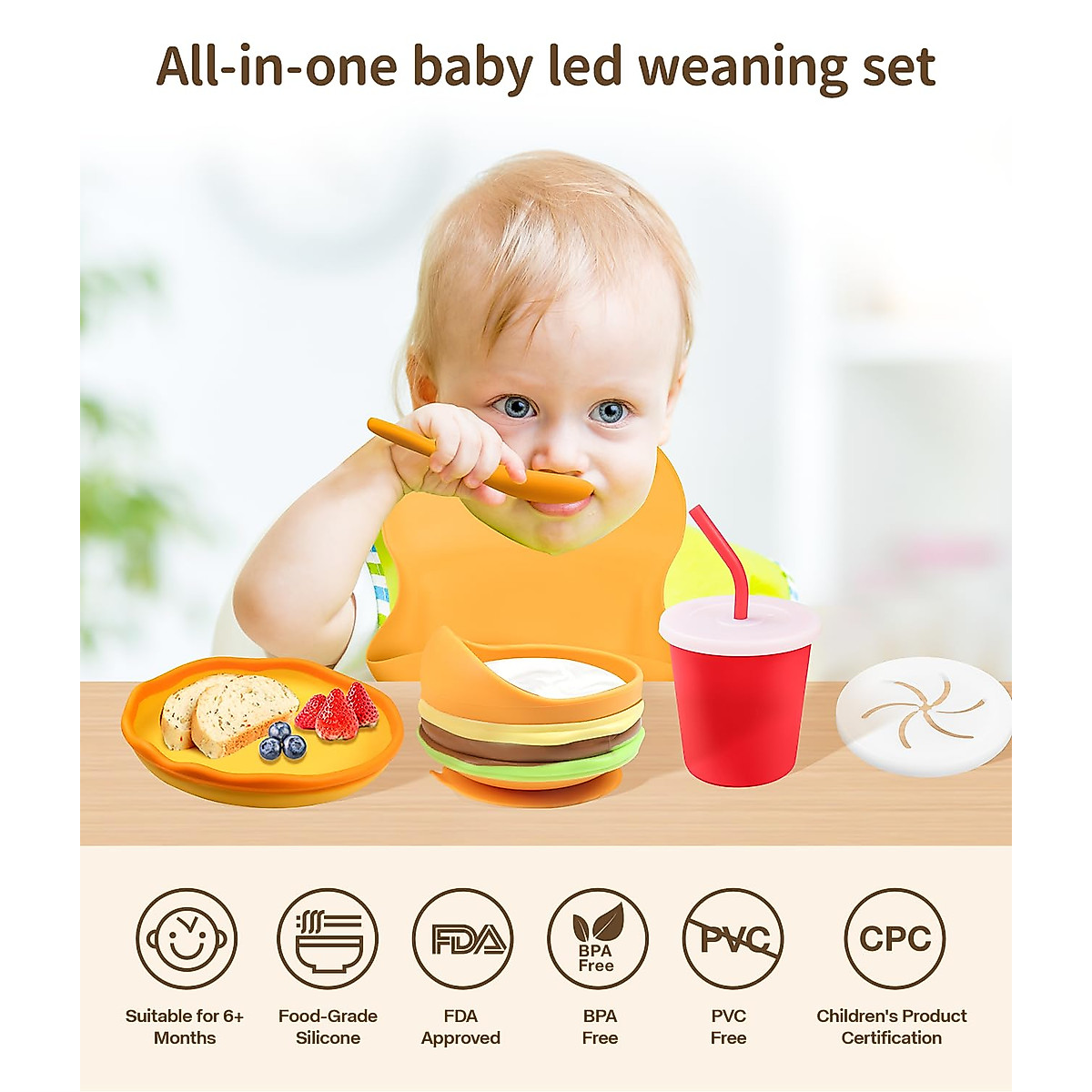 Baby Led Weaning Supplies, Silicone Feeding Set for Baby, Toddler Plates and Bowls Set with Suction, Baby Utensils Set with Adjustable Bib, Sippy Cup,Spoon and Fork, 6+ Months