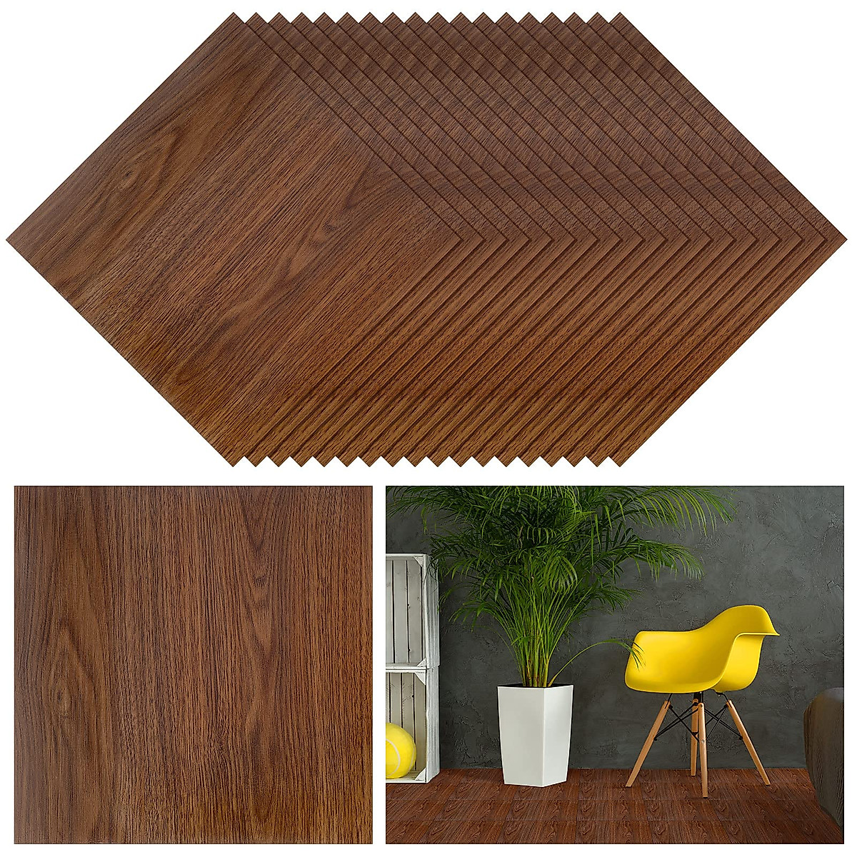 Sasylvia 48 Pcs Peel and Stick Floor Tile Wood Grain Vinyl Flooring Self Adhesive Waterproof Bathroom Floor Tile for Living Bedroom Kitchen Floor, 11.8 x 11.8 Inch,Dark Brown(Fresh Style,Dark Brown)