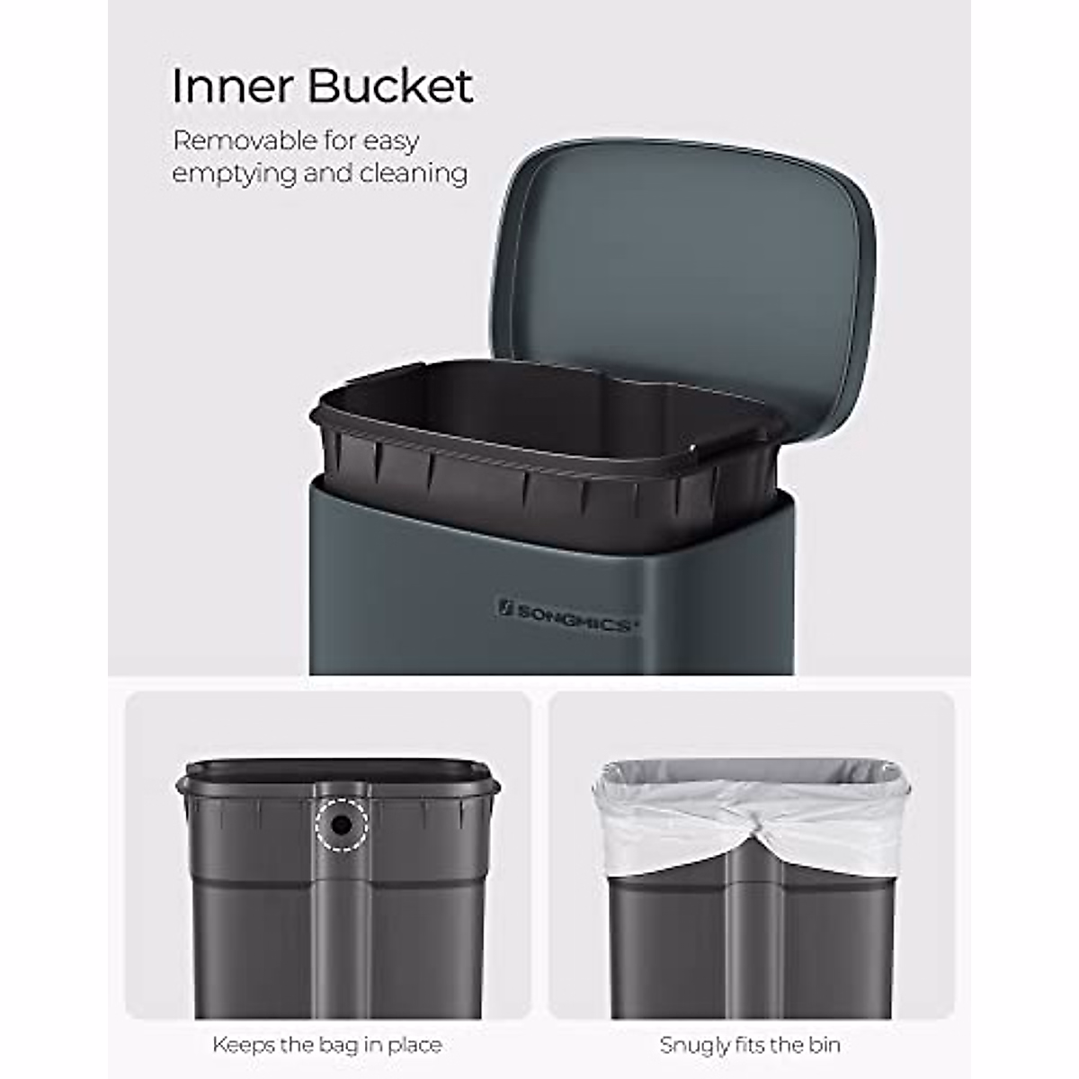 SONGMICS Trash Can with Lid, 8 Gallon Garbage Can, Stainless Steel Small Waste Bin with Step Pedal and Inner Bucket, Soft Close, Kitchen, Greenish Gray ULTB102G01