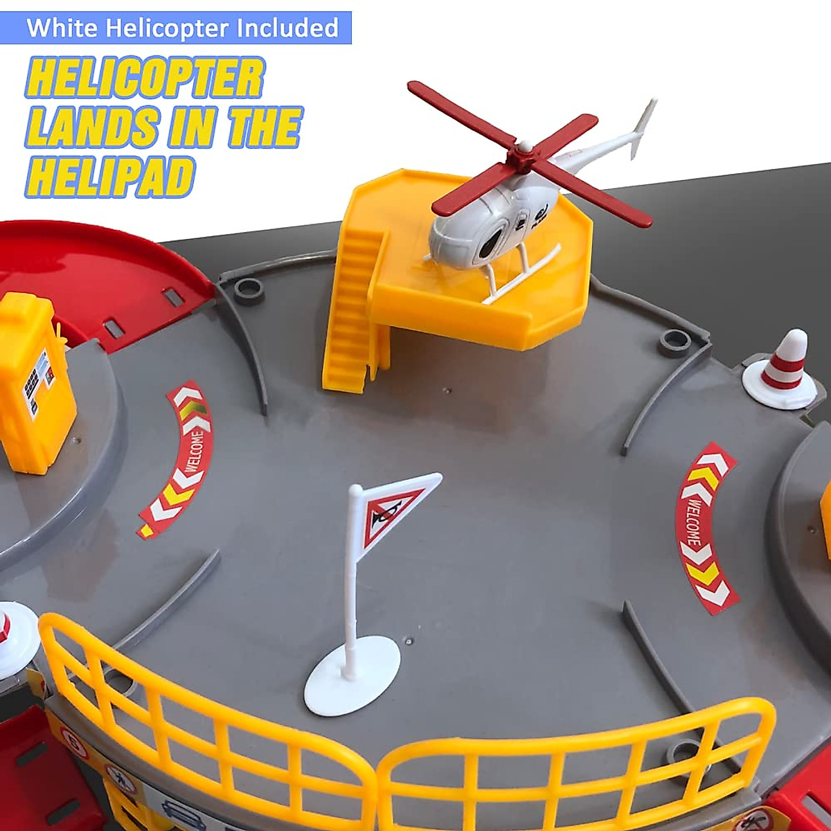 Garage Toy Set Car Vehicle Building Parking Lot Race Tracks for Boys with 1 Helicopter and 2 Random Cars Durable Garage Playset for Boys, Kids, Toddler Great Race Track Perfect Car Track (4 level red)