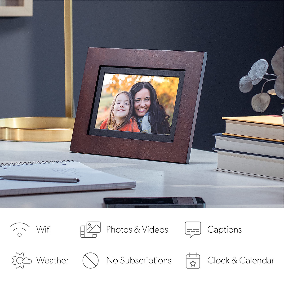 Simply Smart Home Photoshare 8” WiFi Digital Picture Frame, Send Pics from Phone to Frames, 8 GB, Holds 5,000+ Photos, HD Touchscreen, Espresso Wood Frame, Easy Setup, No Fees