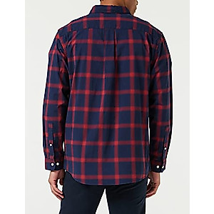 Amazon Essentials Men's Long-Sleeve Regular-Fit Stretch Poplin Shirt, Navy Red Buffalo Plaid, Medium