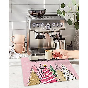 Coffee Mat for Counter,Pink Christmas Tree Winter Forest Trees Snowflake Absorbent Hide Stain Coffee Bar Mat,Non-slip Coffee Bar Accessories Kitchen Drying Mat Fit Under Coffee Maker Espresso Machine