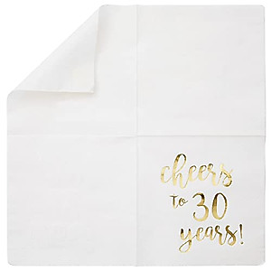 50 Pack Cheers to 30 Years Cocktail Napkins for 30th Birthday, Anniversary Party Supplies, 3-Ply, White and Gold Foil (5 x 5 In)