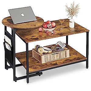 WLIVE Coffee Table, 2 in 1 Design Nesting Coffee Table with Side Pouch for Living Room, Small Round and Rectangular Living Room Table Set, Metal Frame and Wood Desktop,Easy Assembly, Rustic Brown