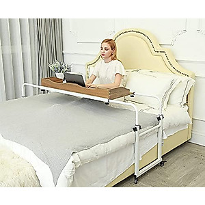 UNICOO - Overbed Table with Wheels for Full/Queen/King Beds Height&Width Adjustable Rolling Bed Desk Rolling Medical Table (Ancient Oak - 202)