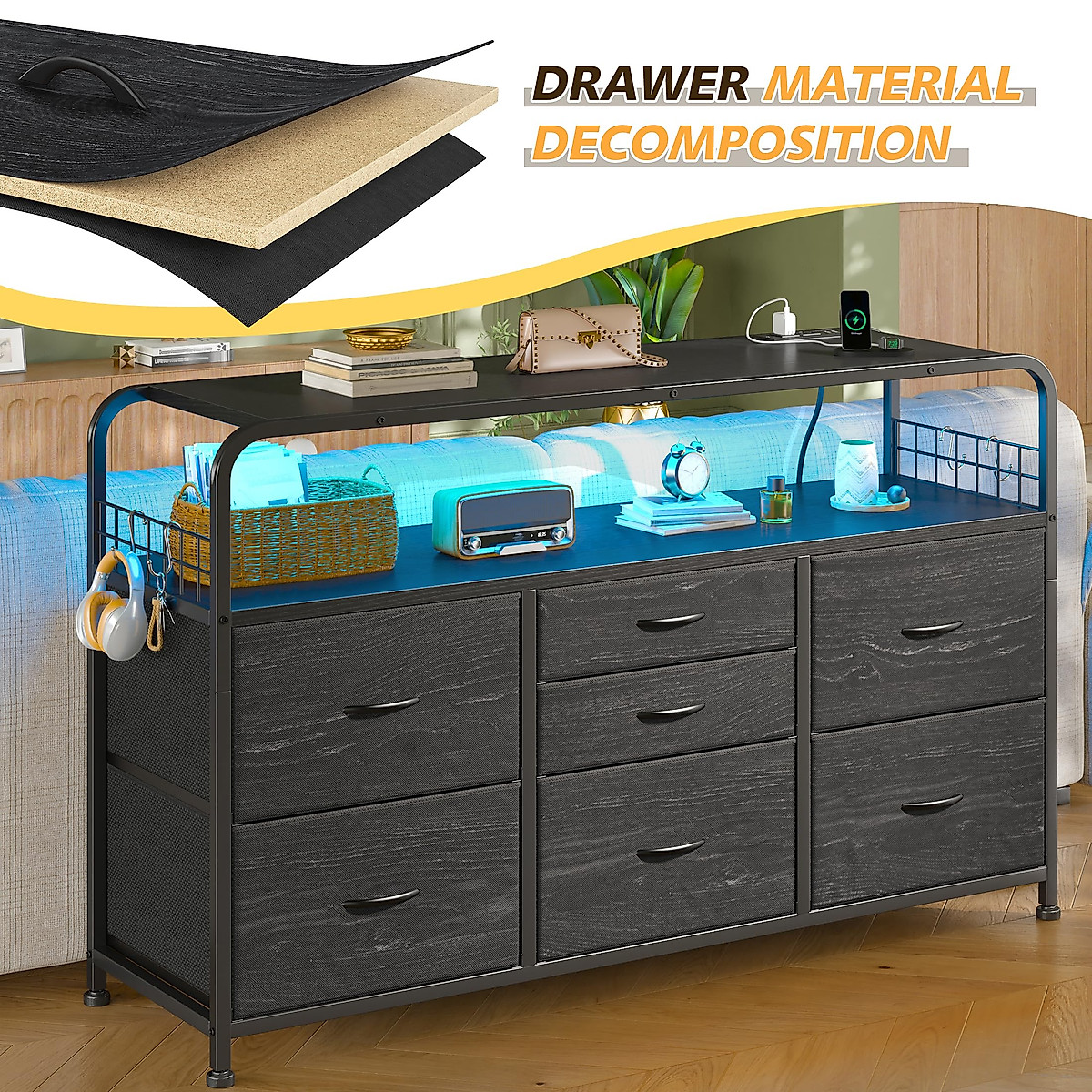 EnHomee Black Dresser for Bedroom with LED Lights & Charging Station, 7 Drawer Dresser with Open Shelf, Fabric Bedroom Dressers & Chest of Drawers for Closet, Entryway, Hallway, 4 Hooks