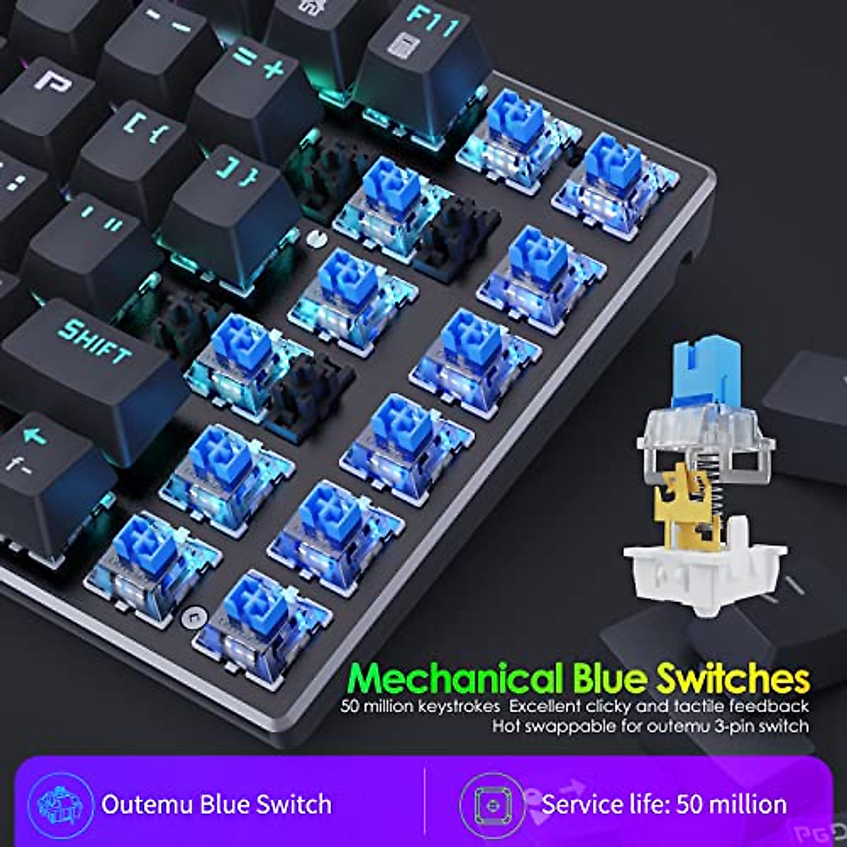 HUO JI E-Yooso Z-88 RGB Mechanical Gaming Keyboard, Metal Panel, Blue Switches - Clicky, Compact 81 Keys for Mac, PC, Black