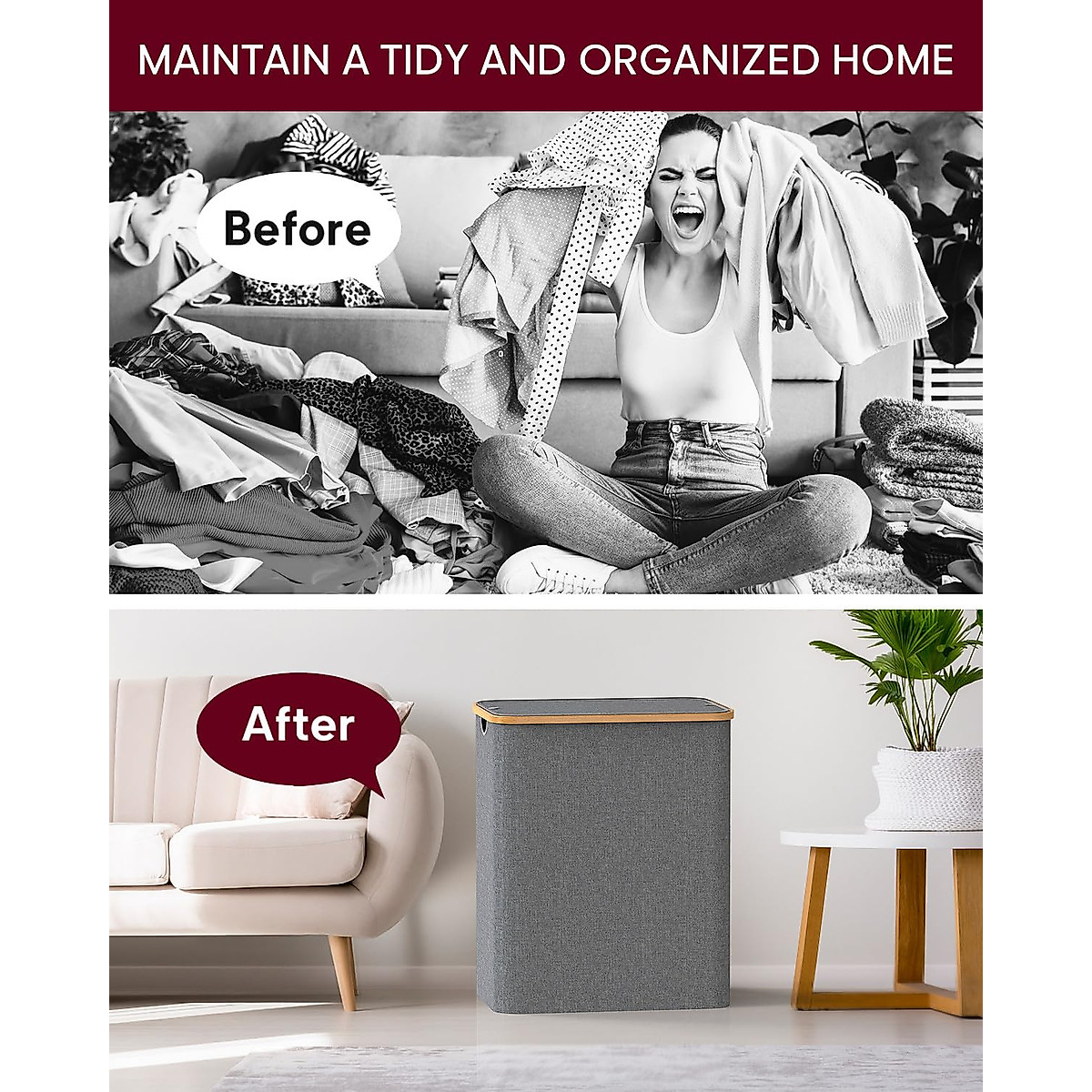 150L Double Laundry Hamper with Lid - CHAMUTY Dirty Clothes Hamper, Collapsible Laundry Baskets, Tall and Slim Design, Perfect for Dorm and Bedroom Use (Grey)