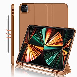 iMieet New iPad Pro 12.9 Case 2022(6th Gen)/2021(5th Gen) with Pencil Holder [Support iPad 2nd Pencil Charging/Pair],Trifold Stand Smart Case with Soft TPU Back,Auto Wake/Sleep(Brown)