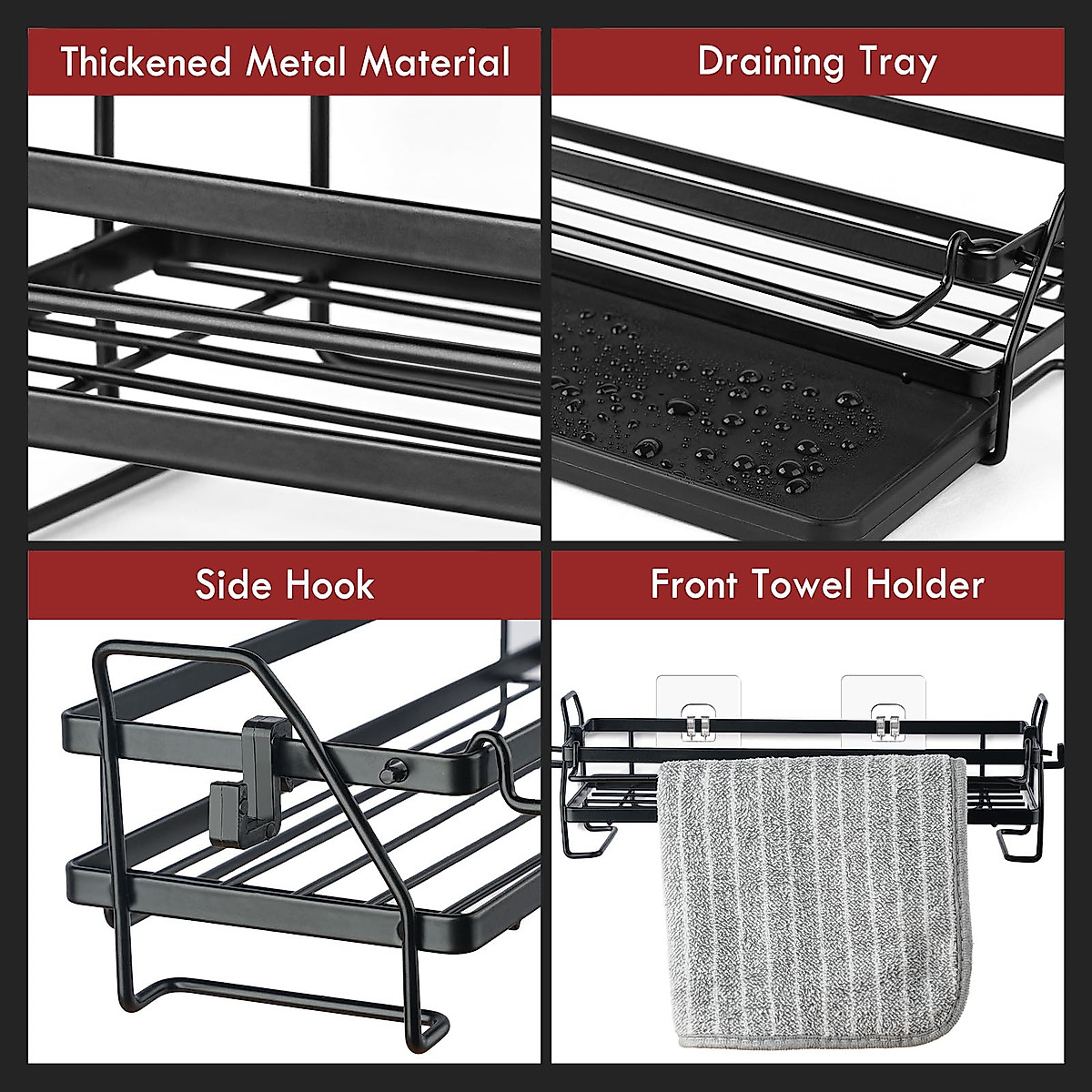 LBTING Sponge Holder for Kitchen Sink, Wall Mounted Sink Caddy with Self-Draining Drain Tray, Stainless Steel Kitchen Sink Caddy for Organizing Sponge, Brush, Soap Dish Dispenser – Black