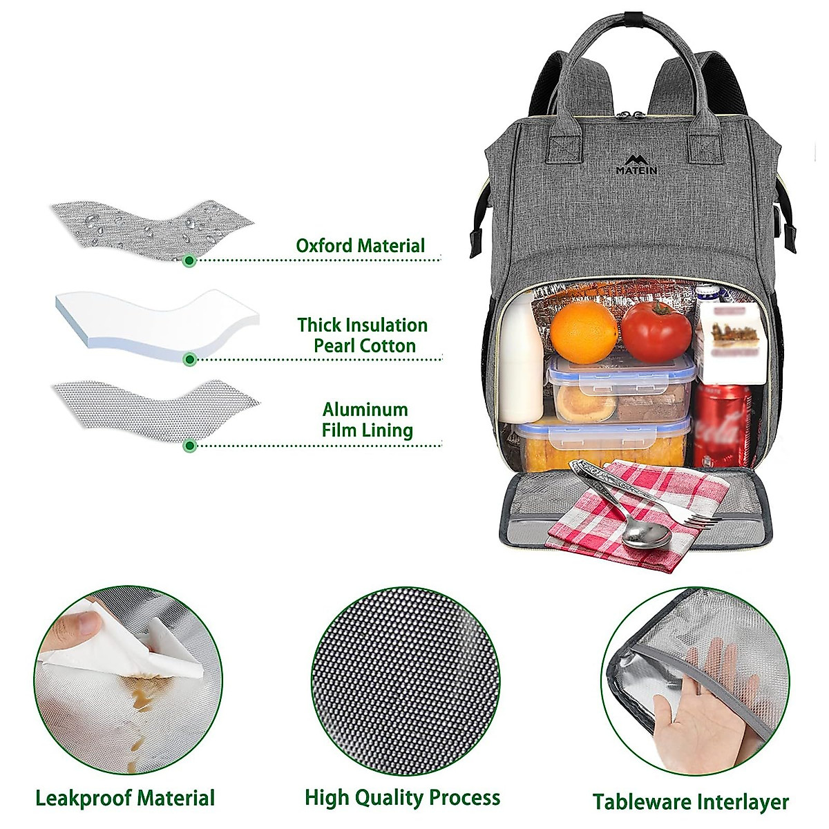 MATEIN Travel Backpack for Men, 17 Inch Laptop Backpack with USB Charging Port for Women, Insulated Lunch Backpack Cooler Lunch Box Leakproof Computer Fashion Backpack for College Nurse Teacher Picnic