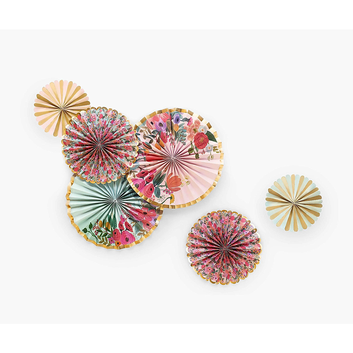 RIFLE PAPER CO. Fans | Set of 6 Durable Decorative Paper Fans, Different Sizes, Includes Adhesive Strips, Paperclips, and String, Displays as Backdrop, Garden Party