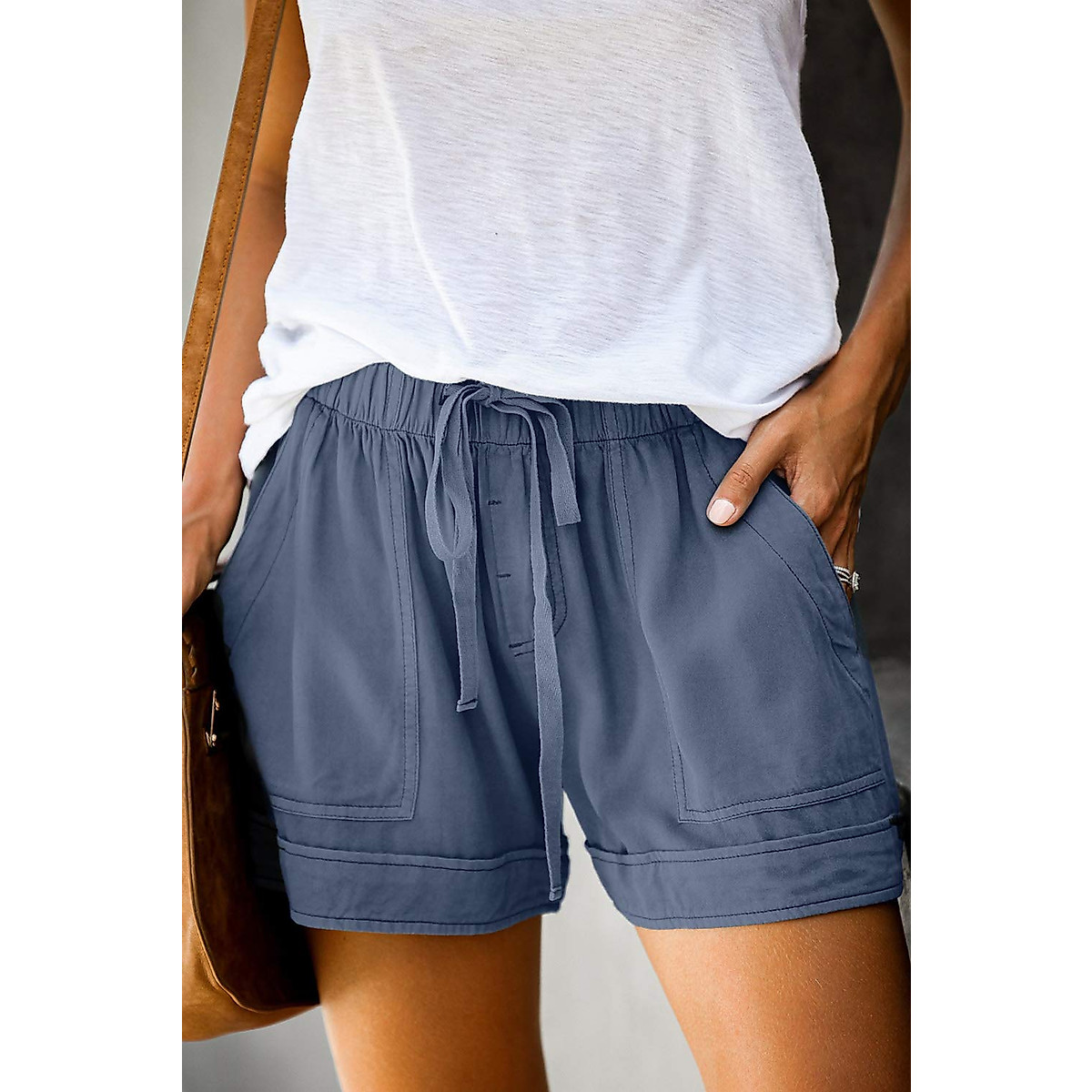 QACOHU Womens Summer Shorts Comfy Drawstring Casual Elastic Waist Pocketed Shorts Dusty Blue XL Women Linen Pants