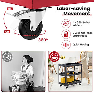 Goplus 3-Tier Utility Cart, Heavy Duty Commercial Service Tool Cart w/Lockable Wheels, 330lbs Load Capacity, Ergonomic Handle, Rolling Mechanic Tool Cart Storage Organizer for Warehouse Garage