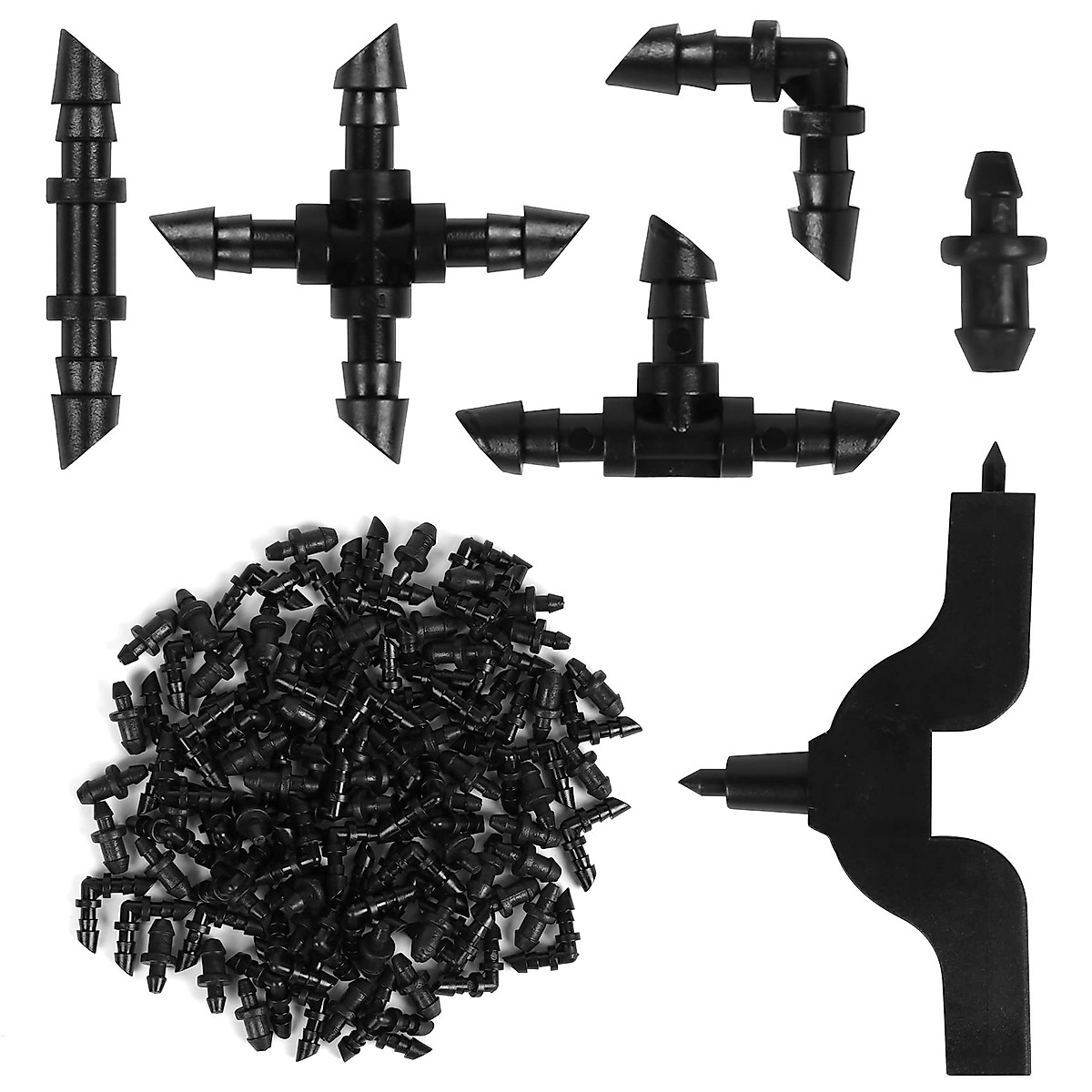 281 Pieces Irrigation Fittings Kit,Drip Irrigation Barbed Connectors for 1/4 Inch Garden Water Hose Connectors,100 Straight Barbs+40 Tees+60 Elbows+ 50 End Plug+ 30 4-Way Coupling+1Punch Tool