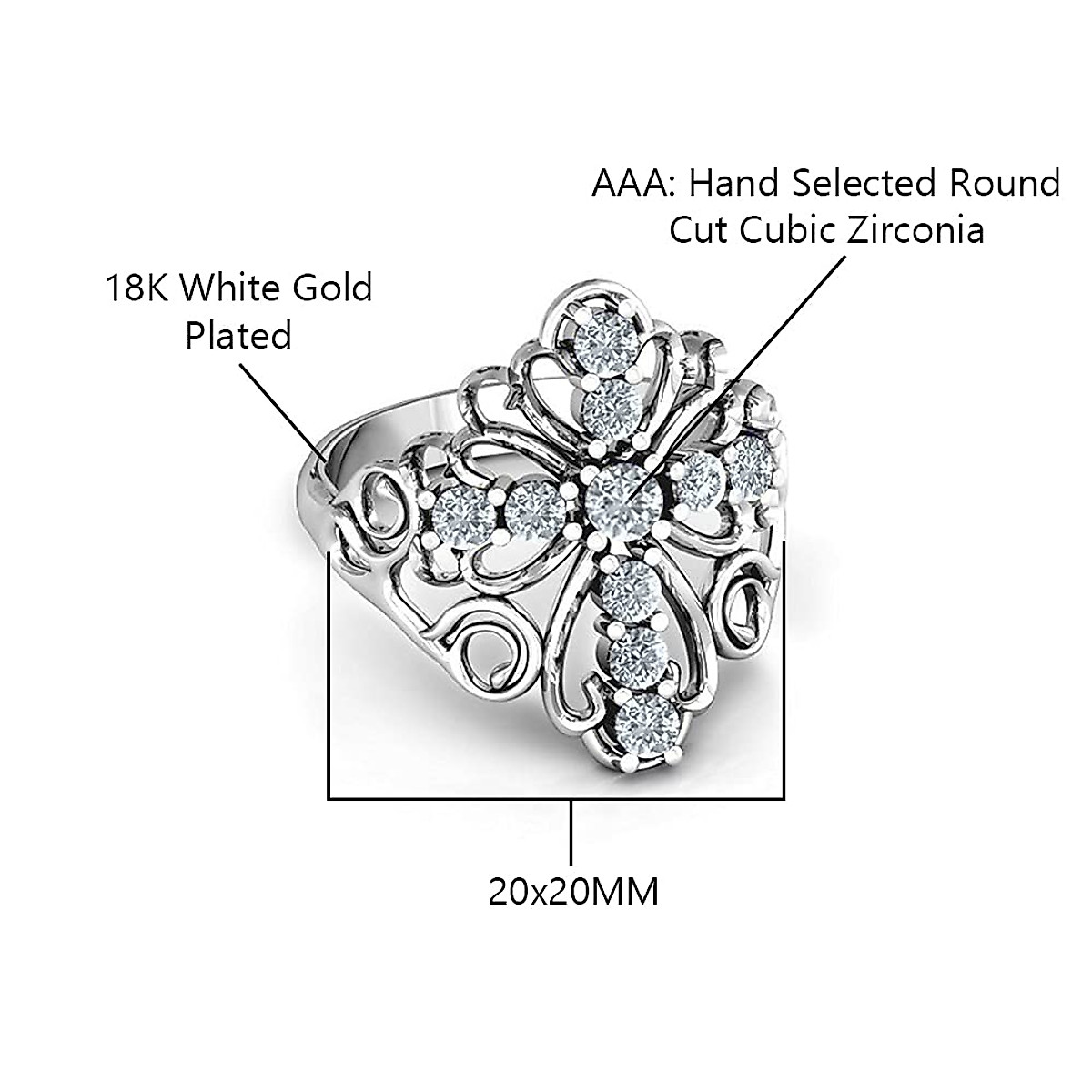 Savlano 18K White Gold Plated Round Cut Cubic Zirconia Filigree Cross Ring Women Religious Ring (9)