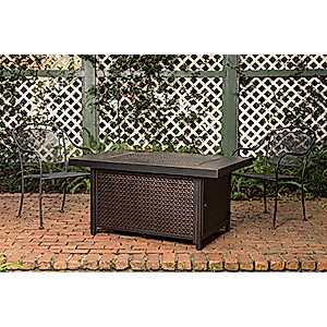 Fire Sense 62750 Weyland Hammered Aluminum Convertible Gas Fire Pit Table 55000 BTU Multifunctional Outdoor Firepit with Fire Bowl Lid, Nylon Cover & Clear Fire Glass Bronze Finish - Rectangular 48"