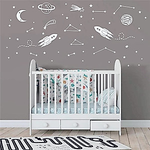 UILMNIY The Outer Sapce Spaceship Rocket Wall Decor Sticker for Kids Room Art Constellation Stars Moon Space Wall Decal for Nursery Room Bedroom Decor Mural AFN127 (White)