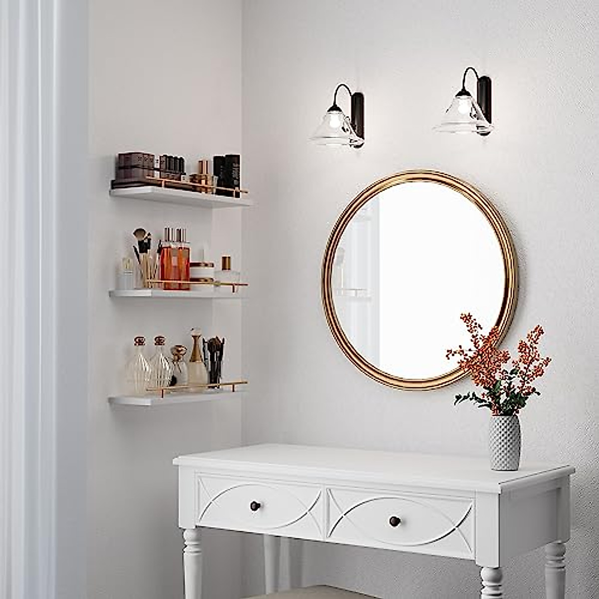 Senjie Floating Shelves for Wall,Bathroom Shelf Set of 3,Wall Shelves for Bedroom,Kitchen,Living Room,Invisible Brackets,White and Gold