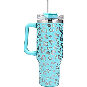 Mzjeaziany 40oz Insulated Leopard Tumbler with Handle and Straw Lid，Stainless Steel Double Vacuum Leak Proof Travel Mug Mint Tumbler for Office,Home, Party