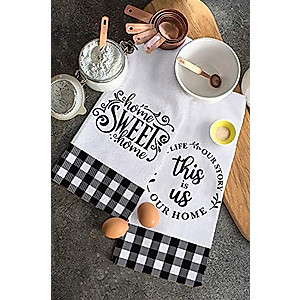 Farmhouse Family Kitchen Dish Towels Set of 2, Black White Buffalo Check Plaids Ultra Absorbent Fast Drying Cloth Decorative Tea Towels for Cooking and Baking 18 x 28 Inches