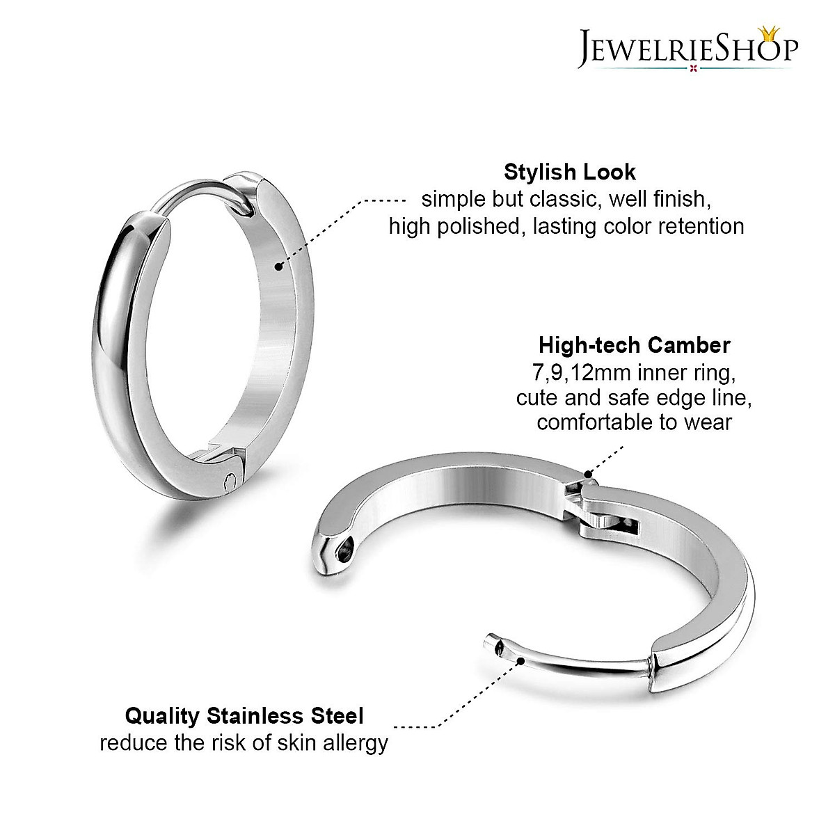 JewelrieShop Earrings Studs Set for Women Stainless Steel CZ Ball Flat Hoop Earing Hypoallergenic Silver Multiple Piercing Ear Stud for Men (15 Pairs, Silver Tone)