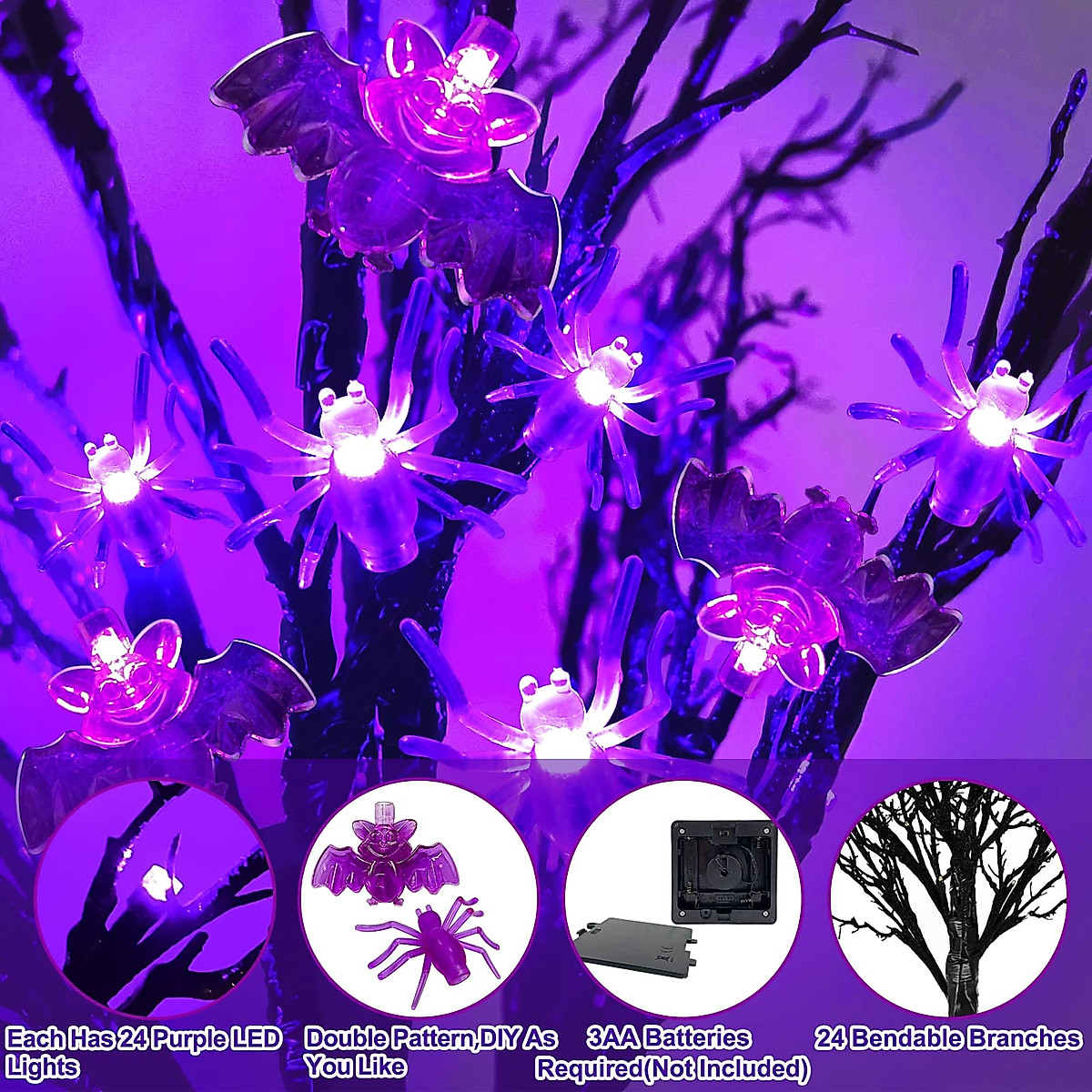 [ 2 Pack & Timer ] 24 Inch Prelit Halloween Black Tree Halloween Decorations Artificial Spooky Tree Battery Powered Total 48 LED Purple Lights DIY 25 Spider & 25 Bat Tabletop Indoor Home Party Decor