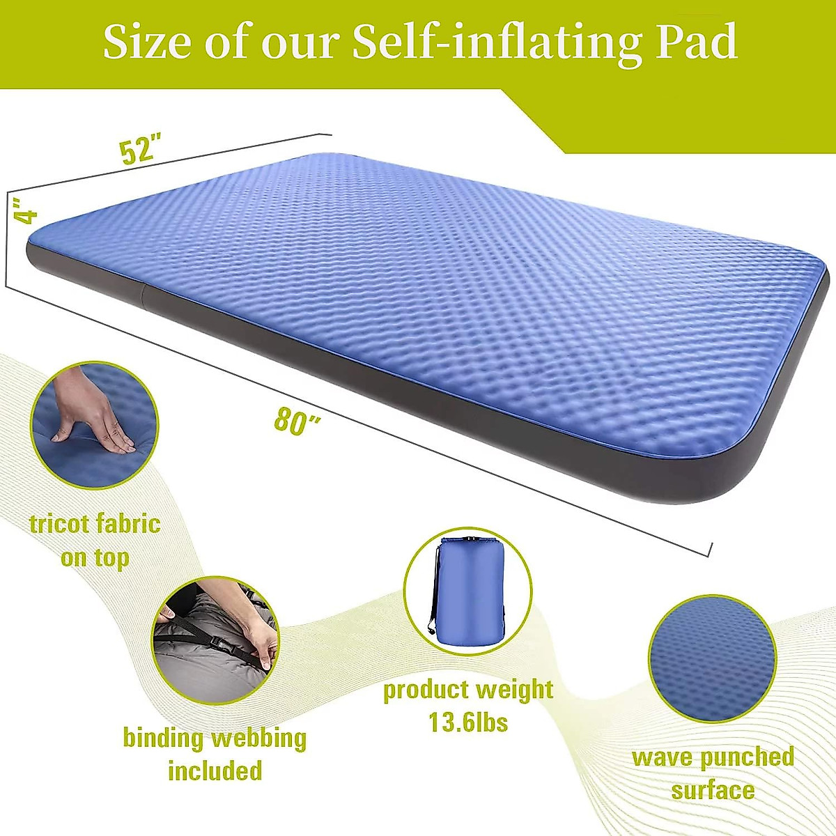 Royalgarden Self-Inflating Sleeping Pad, Air Foam Double Camping Pads, 80"×52"×4" Queen Size Camping Mattress, Memory Foam Pad with Solid Foam and Soft Touch, All Season, for Home, Car, Camping Blue