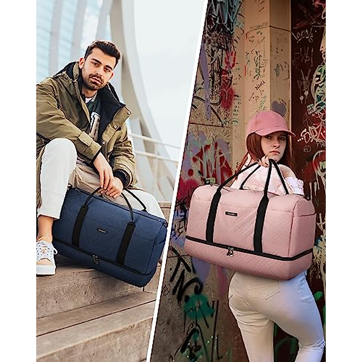 Travel Duffle Bag, BAGSMART 45L Large Carry On Bag Weekender Overnight Bag for Men Women with Shoes Compartment & Wet Pocket, Pink