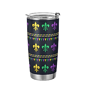 Yasala Mardi Gras Tumbler Party Bunting Beads Fleur De Lis Insulated Coffee Cup Fat Tuesday Beverage Container Office Travel Mug with Straw and Lid 20oz Holiday Back to School Gift