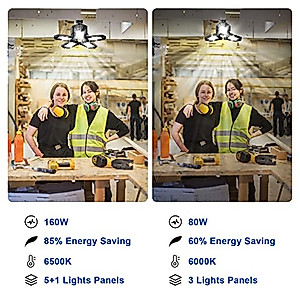 fomidao Led Garage Lights 6 Pack,160W Super Bright Garage Light,5 Adjustable Panels Deformable Garage Lights,6500K 16000LM Led Garage Ceiling Lights E26/E27 Base Led Shop Light