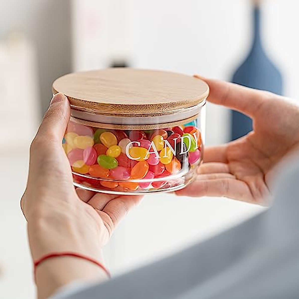 Glass Candy Dish with Bamboo Lid Small Candy Bowl Decorative Cookie Jar Clear Salad Bowl Buffet Storage Container for Home Kitchen Coffee Table Office Desk and Party Wedding ( Diameter: 4.33 Inch )