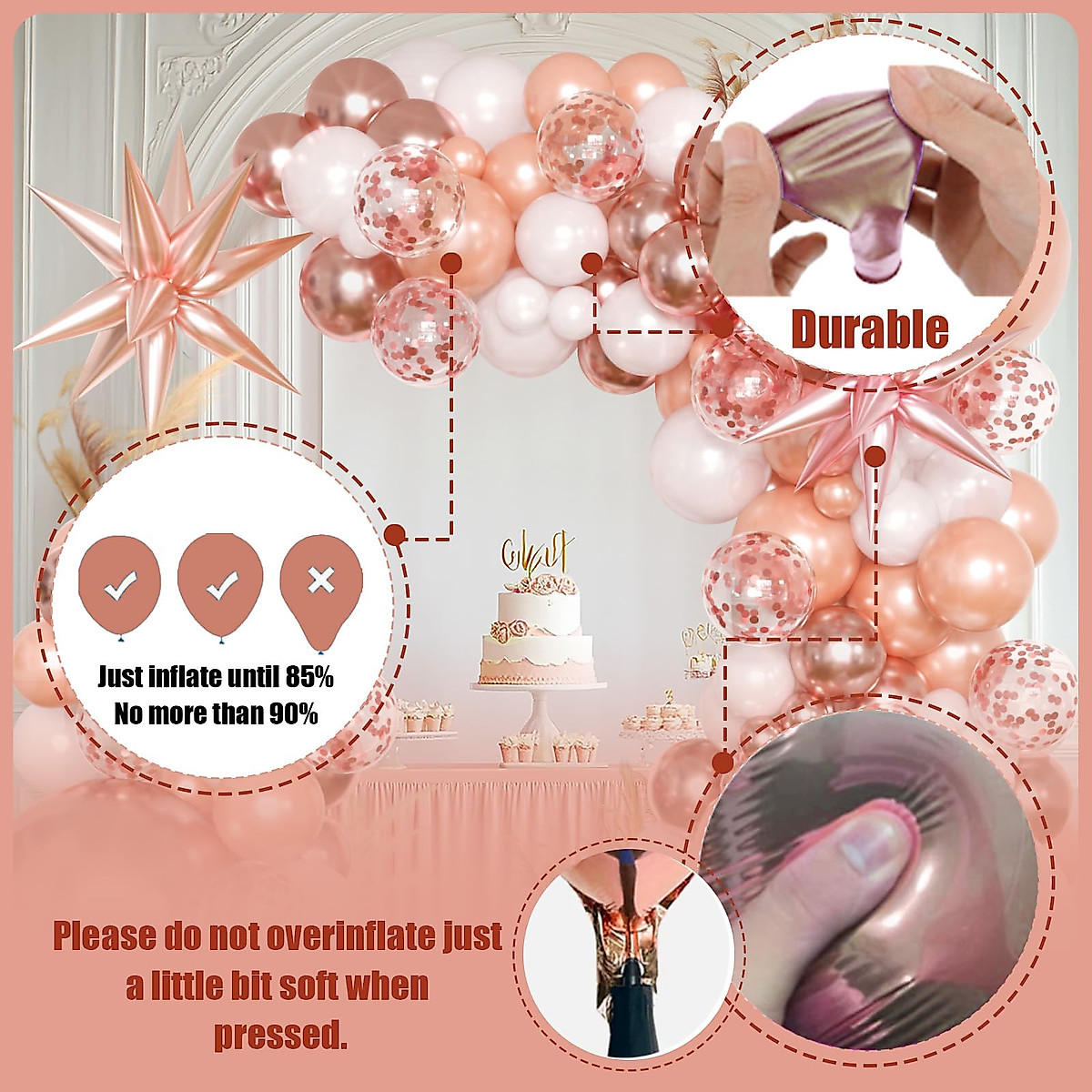 Rose Gold Balloons Arch Kit,144pcs Metallic Rose Gold Confetti Balloon Garland for Women Rose Gold Birthday Party Decorations Bridal Shower Baby Shower Bachelorette Party Decorations