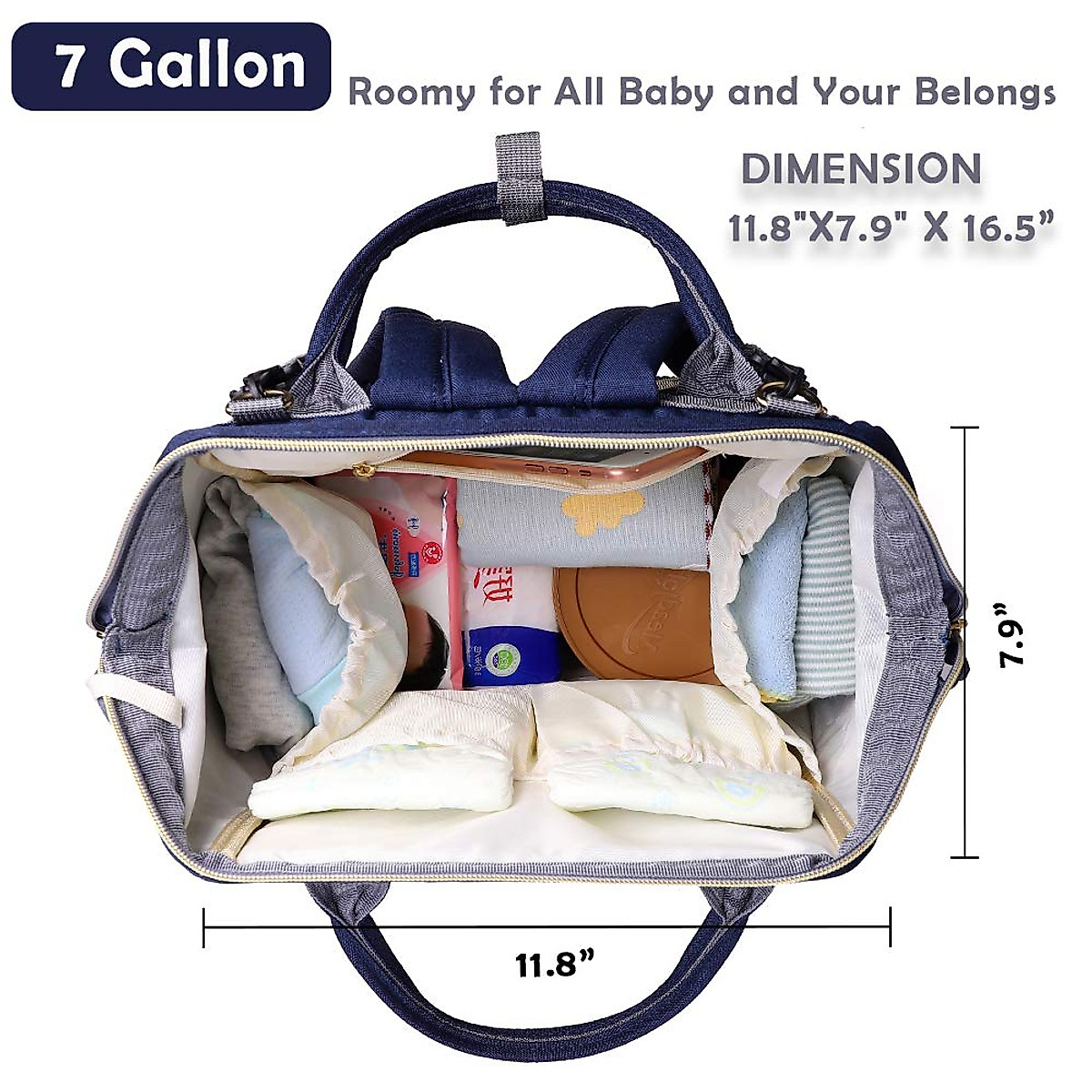 Diaper Bag Backpack Water-resistant, Nanrui 25L Roomy Nappy Bag for Baby Boy and Girl Men Backpack Travel Back Pack with 2 Stroller Straps- Navy Blue