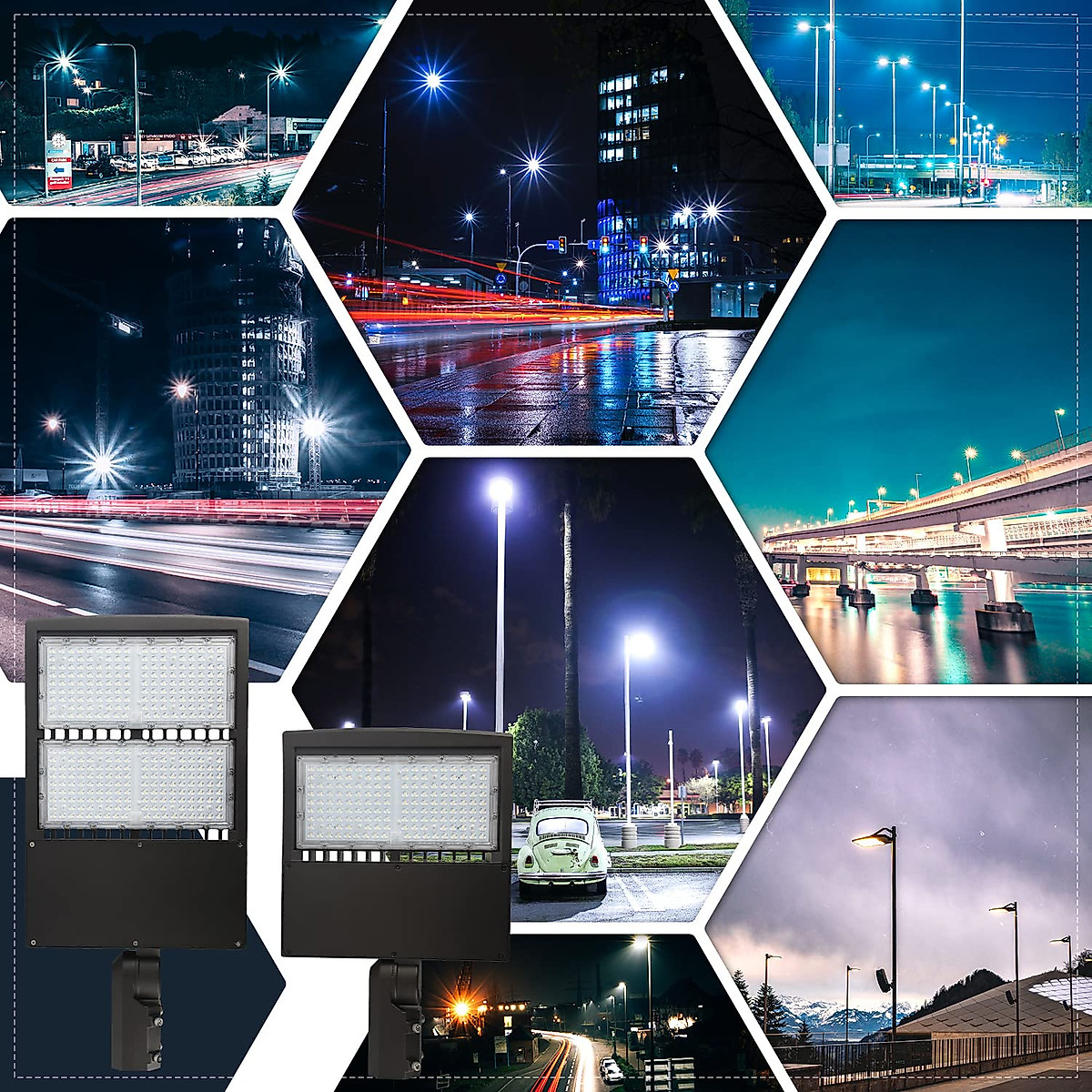 300W LED Parking Lot Light with Dusk to Dawn Photocell 42000 LM 5000K 1-10V Dimmable LED Shoebox Area Light (1000W HID/HPS Equivalent), Yoke Mount 100-277V AC IP65, UL&DLC Listed