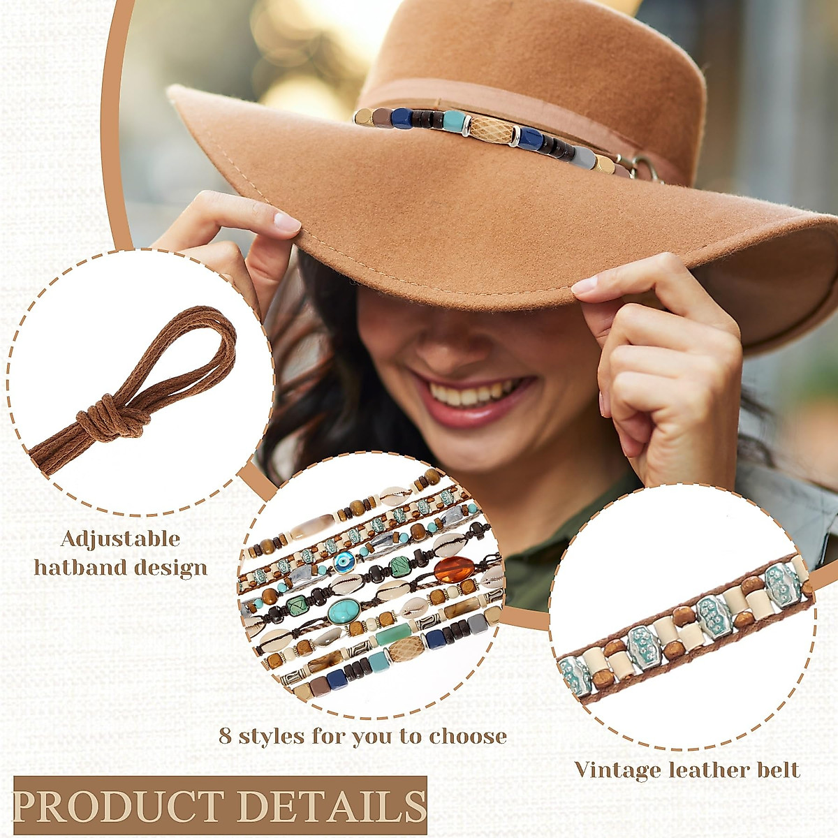 phnydreg 8PCS Cowboy Hat Bands Ethnic Western Hat Bands for Cowboy Hats Beaded Hat Bands for Women Cowgirl Men