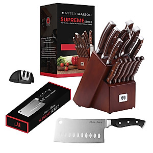 Master Maison Walnut Kitchen Knife Set With Wood Knife Block & Bonus Cleaver | German Stainless Steel Knives With Knife Sharpener & 6 Steak Knives | Professional Butcher Block Knife Sets For Kitchen