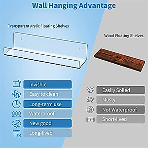 facinlay Acrylic Shelves, Clear Floating Shelf, Wall Ledge Bookshelf,Kids Bookshelf, Invisible Spice Rack, Thick Bathroom Storage Shelves, Display Organizer for Office Kitchen, 15" L, Set of 3