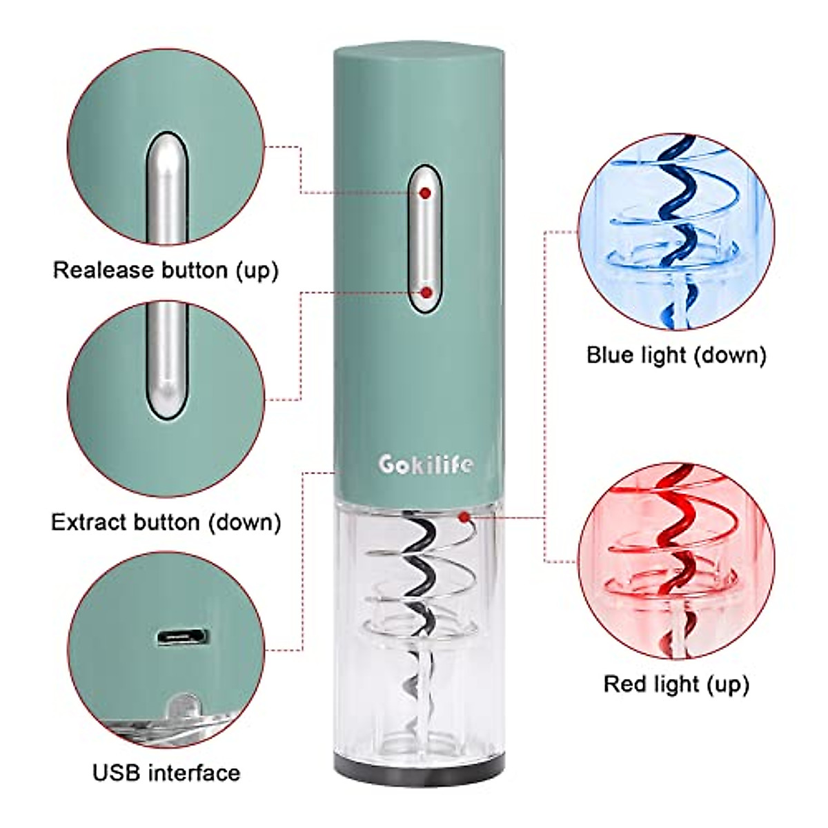 Gokilife Electric Wine Opener - Automatic Electric Wine Bottle Corkscrew Opener with Foil Cutter, One-click Button Rechargeable Remover for Wine Lovers Gift Home Kitchen Party Bar Wedding (Green)