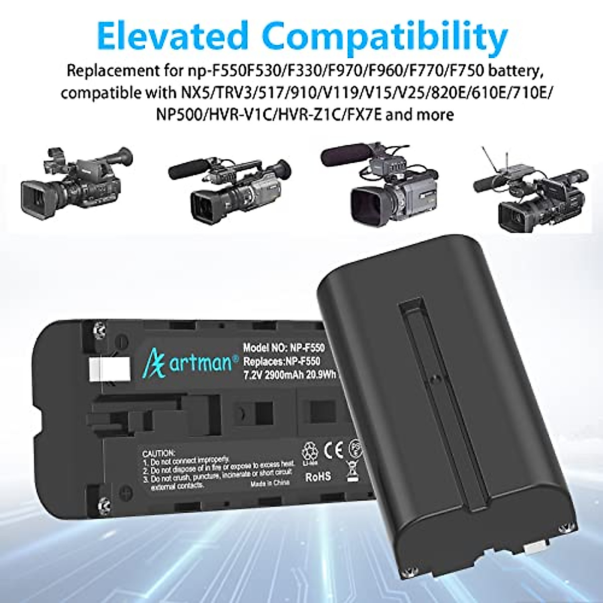 Artman NP-F550 Battery Upgraded LCD Dual Charger Compatible with Sony NPF530 F570 F330 F970 F960 F750 F770 CCD-SC55 TR516 TR716 TR818 TR910 (2-Pack 2900mAh)