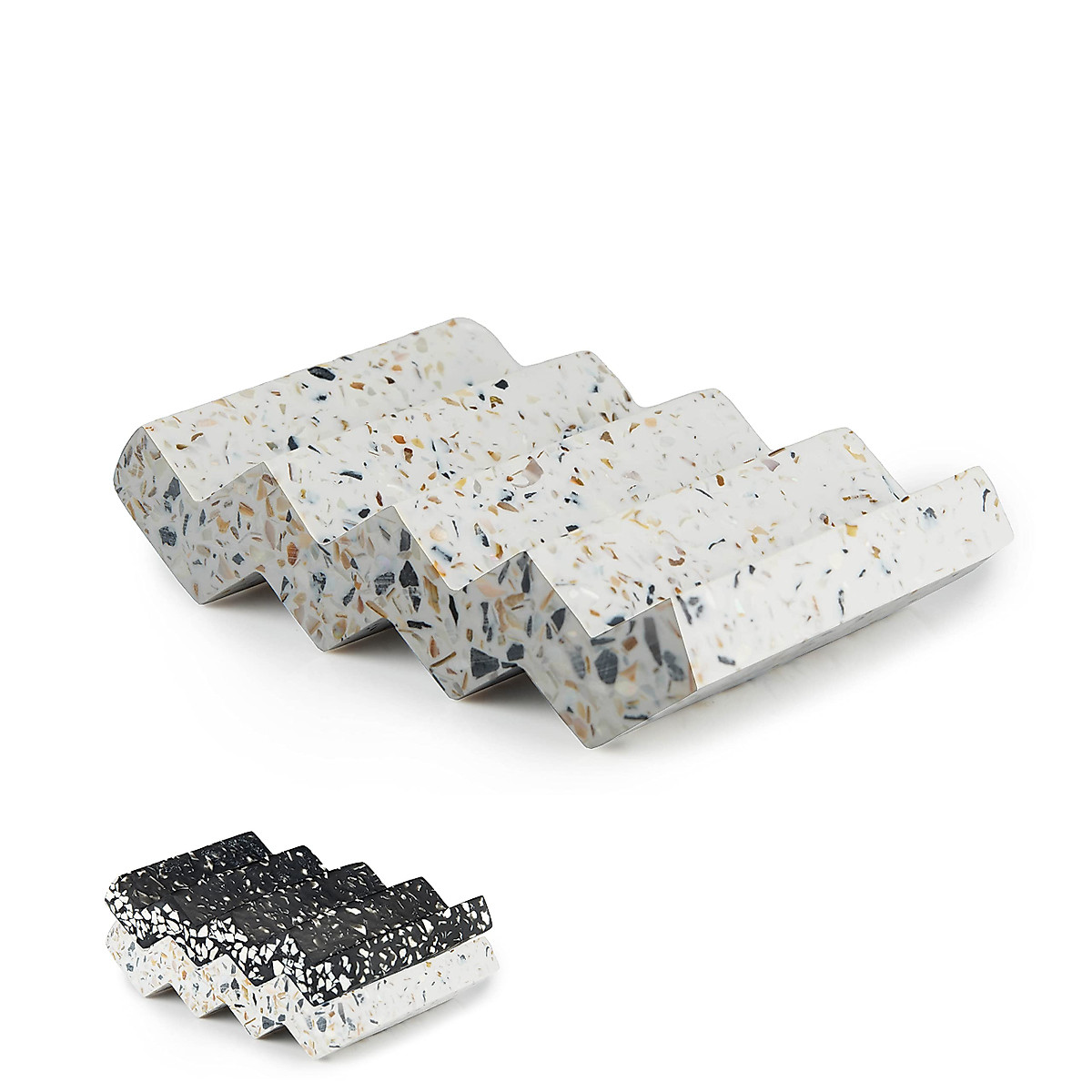 Tapeera Zig Zag Jesmonite Terrazzo Stone Soap Dish for Bathroom Sink - Concrete Soap Saver for Bar Soap Holder for Shower - Sponge Holder - Self Draining Soap Dish Holder - Kitchen Soap Tray (White)
