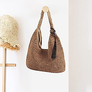 QTKJ Hand-woven Soft Large Straw Shoulder Bag with Black Tassels Boho Straw Handle Tote Retro Summer Beach Bag Rattan Handbag (Brown)